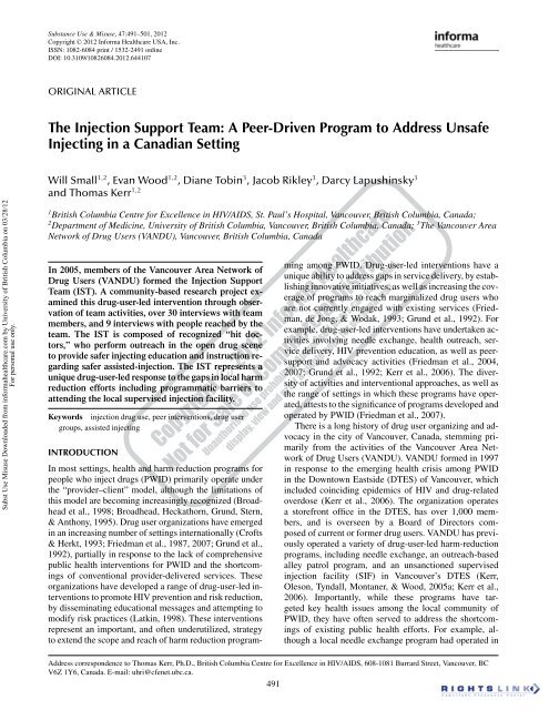 The Injection Support Team - Vancouver Area Network of Drug Users