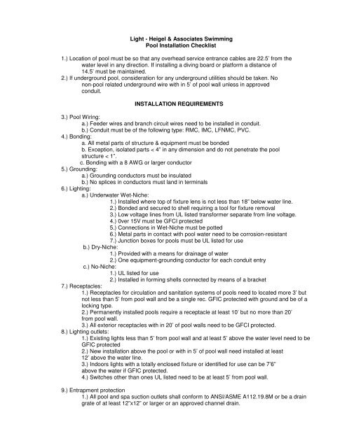 Light - Heigel & Associates Swimming Pool Installation Checklist 1 ...