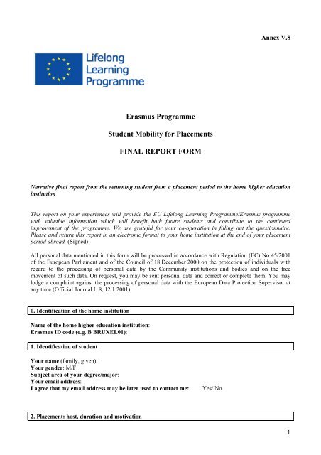 Narrative report from Erasmus placement student to institution