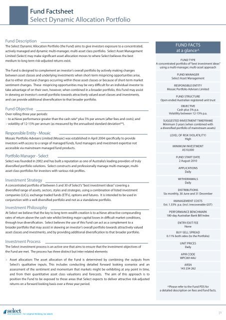 Fund Factsheet Select Dynamic Allocation Portfolio