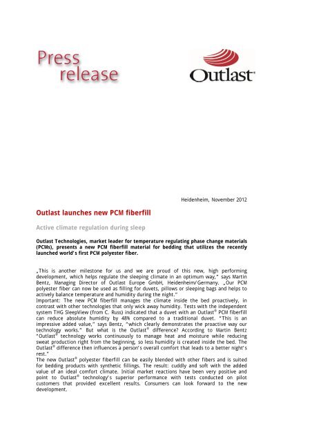 Outlast launches new PCM fiberfill - Outlast Technologies