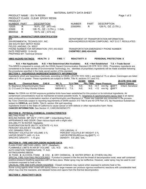 MATERIAL SAFETY DATA SHEET PRODUCT NAME : EX-74 RESIN ...