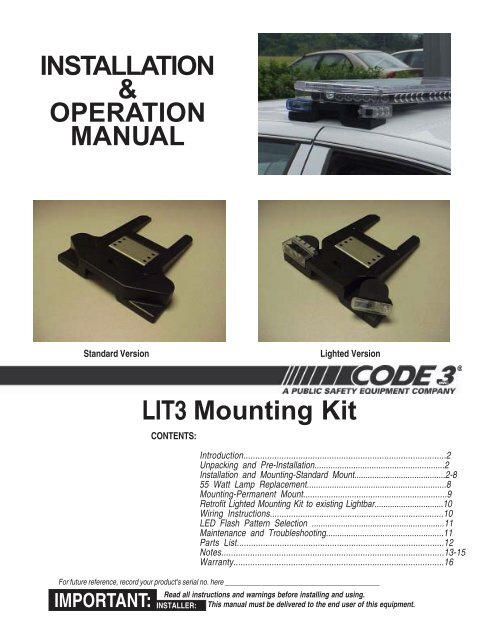 LIT3 Mounting Kit Installation Guide - Code 3 Public Safety Equipment