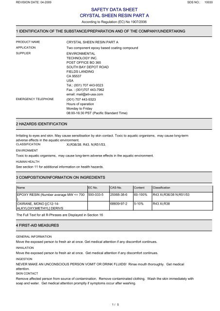 safety data sheet crystal sheen resin part a - Environmental ...