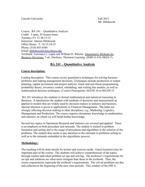 Quantitative Analysis - Lincoln University