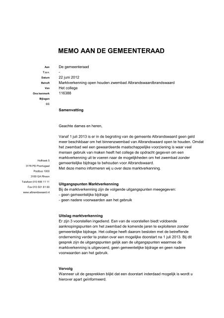 MEMO AAN DE GEMEENTERAAD - Gemeente Albrandswaard