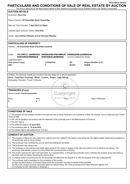 particulars and conditions of sale of real estate by auction