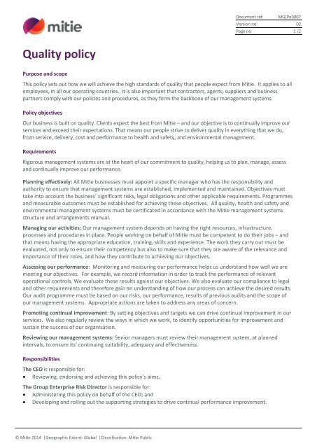 Quality policy Purpose and scope Policy objectives ... - Mitie