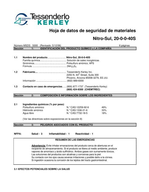 Hoja de datos de seguridad de materiales Nitro-Sul, 20-0-0-40S