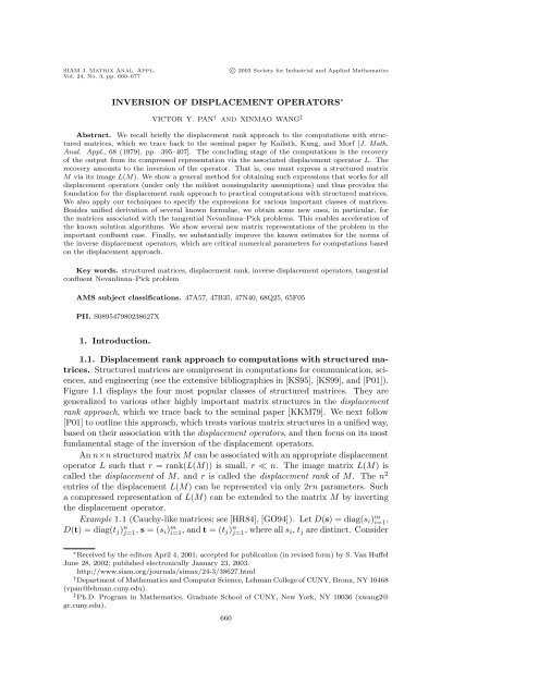 INVERSION OF DISPLACEMENT OPERATORSâ 1 ... - SIAM Journals