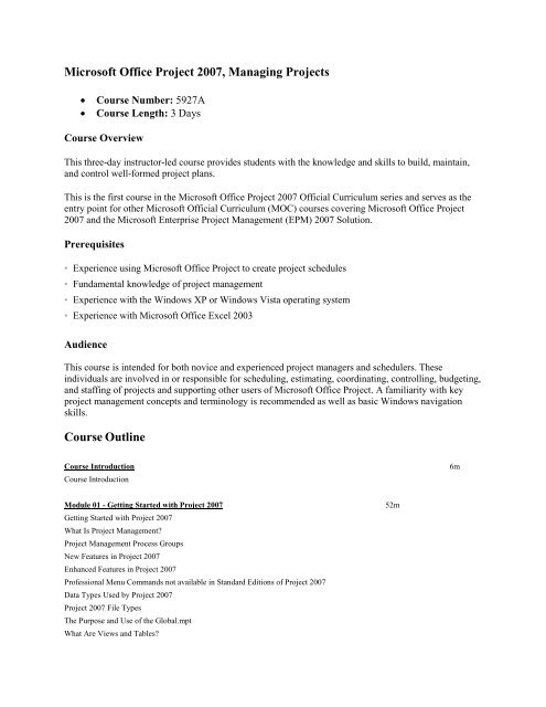 Microsoft Office Project 2007, Managing Projects Course Outline