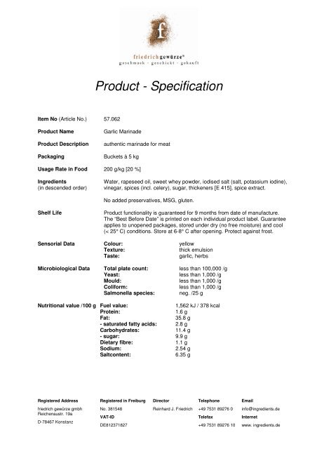 Product - Specification - Friedrich Ingredients