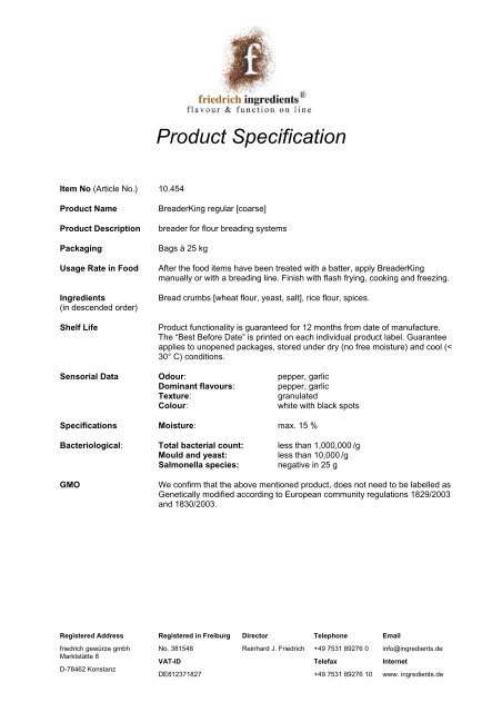 Product Specification - Friedrich Ingredients
