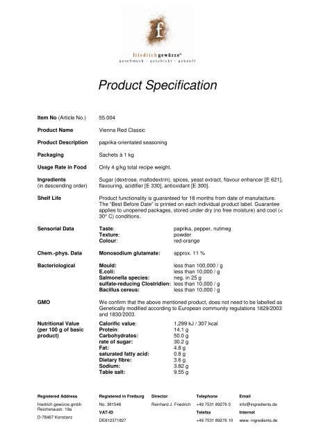 Product Specification - Friedrich Ingredients