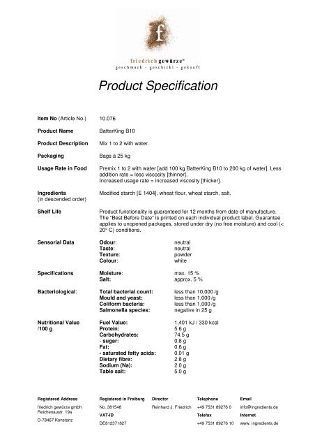 Product Specification - Friedrich Ingredients