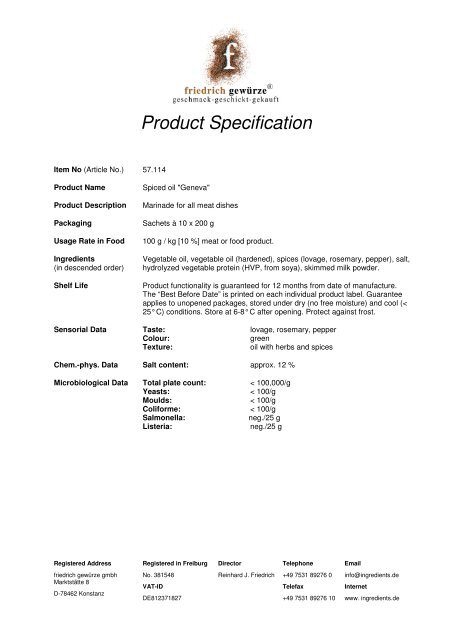 Product Specification - Friedrich Ingredients