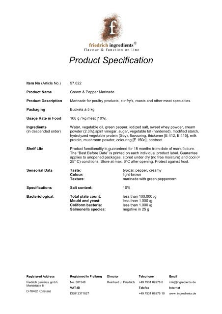 Product Specification - Friedrich Ingredients