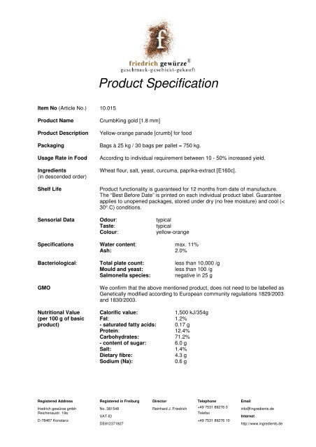 Product Specification - Friedrich Ingredients