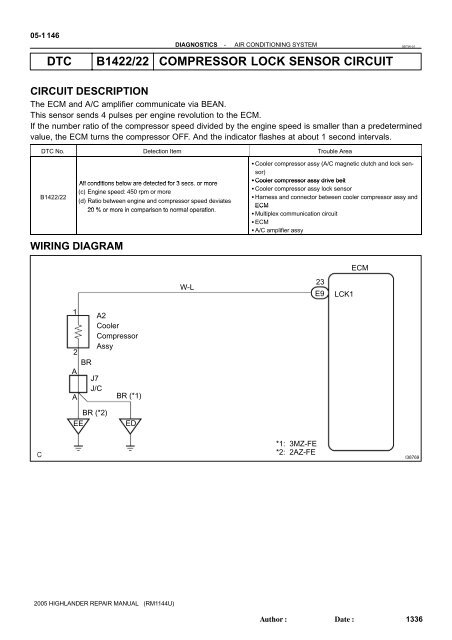 dtc b1422/22 compressor lock sensor circuit - Highlander Club