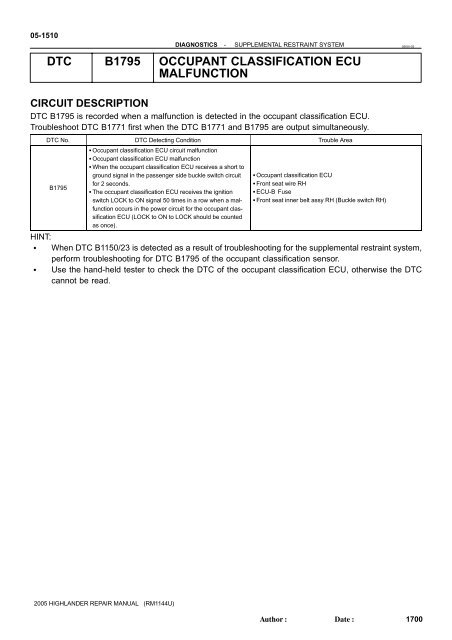 dtc b1795 occupant classification ecu malfunction - Highlander Club