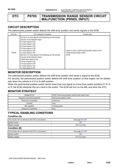dtc p0705 transmission range sensor circuit ... - Highlander Club