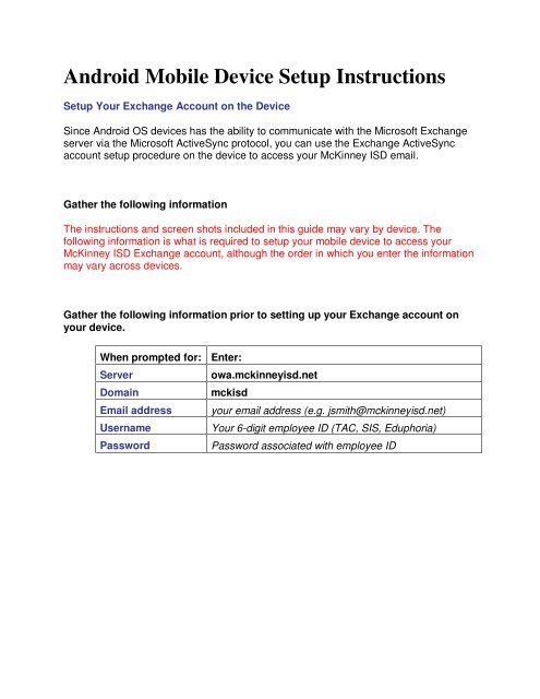 Android Mobile Device Setup Instructions