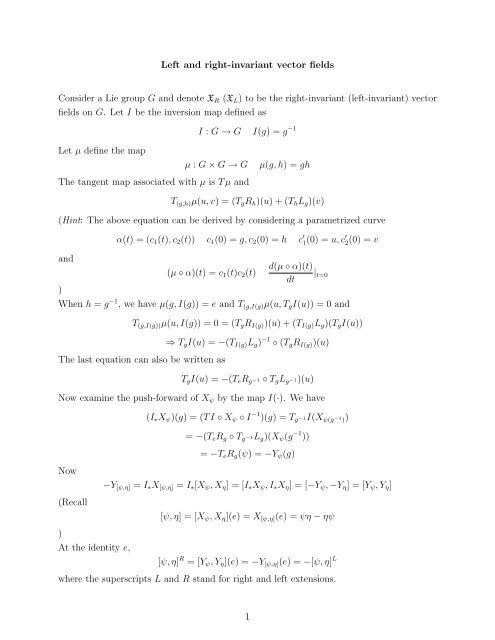 Left and right-invariant vector fields Consider a Lie group G and ...