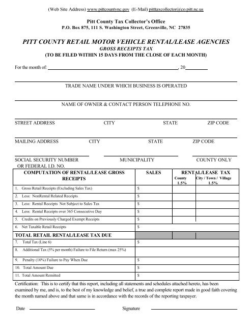 Motor Vehicle Rental/Lease Form - Pitt County Government