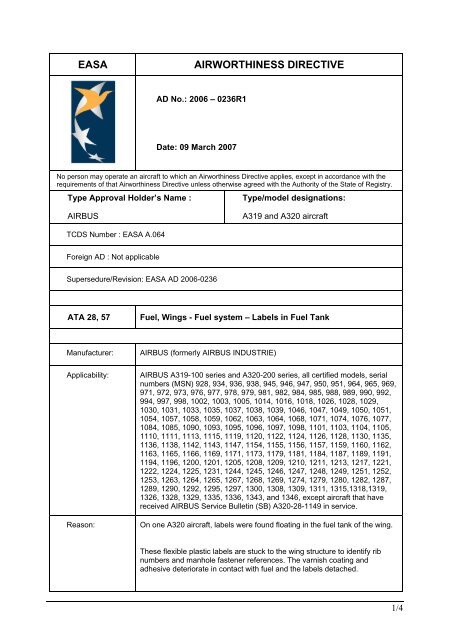 EASA AIRWORTHINESS DIRECTIVE