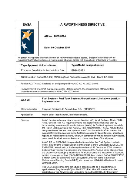 EASA AIRWORTHINESS DIRECTIVE