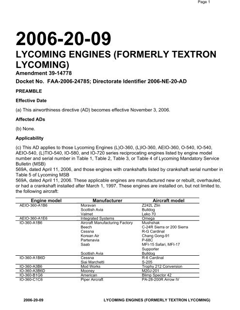 LYCOMING ENGINES (FORMERLY TEXTRON LYCOMING)