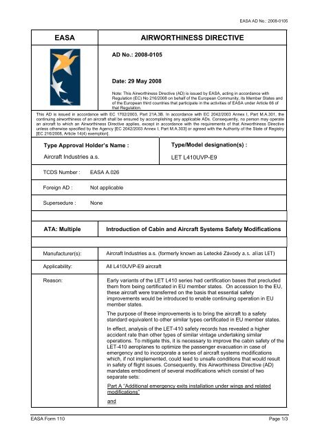 EASA AIRWORTHINESS DIRECTIVE