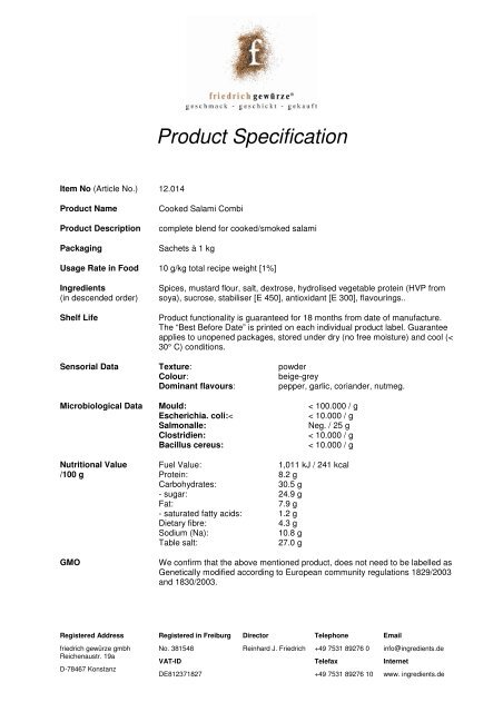 Product Specification - Friedrich Ingredients