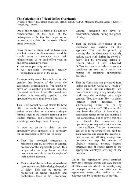 The Calculation of Head Office Overheads