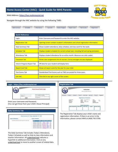Home Access Center (HAC) - Quick Guide for MHS Parents