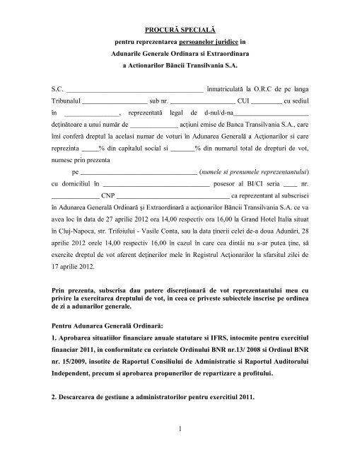 PROCURĂ SPECIALĂ - Banca Transilvania