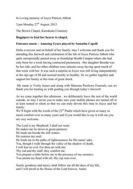 In Loving memory of Joyce Patricia Abbott 3:pm ... - HeavenAddress