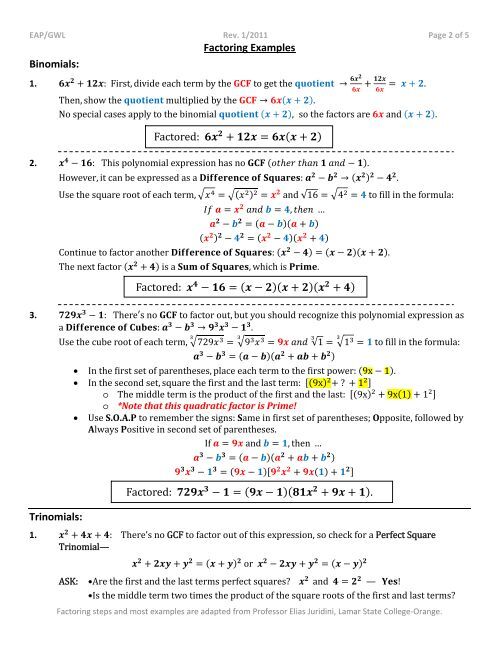 Factoring Polynomials (Flowchart with Examples) - Lamar State ...