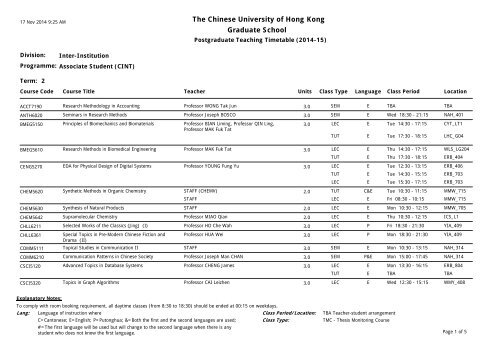 Teaching Timetable - The Chinese University of Hong Kong