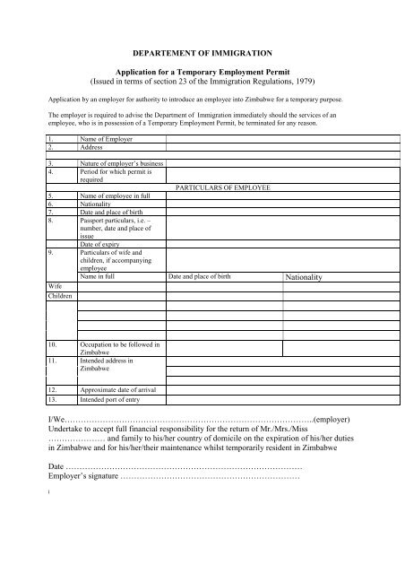 Application For Temporary Work Permit In Zimbabwe The Embassy Of 