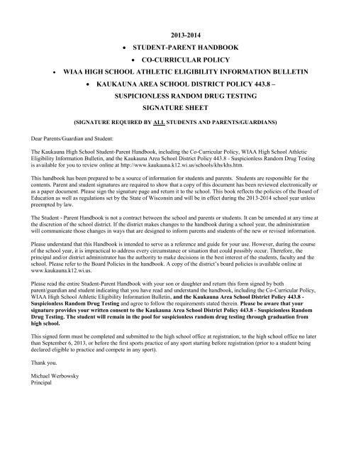 KHS Parent-Student Handbook Signature Sheet 13-14