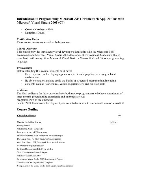 Introduction To Programming Microsoft Net Framework Applications