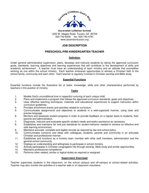job description preschool/pre-kindergarten teacher - The Lutheran ...