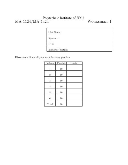 Polytechnic Institute of NYU MA 1124/MA 1424 Worksheet 1