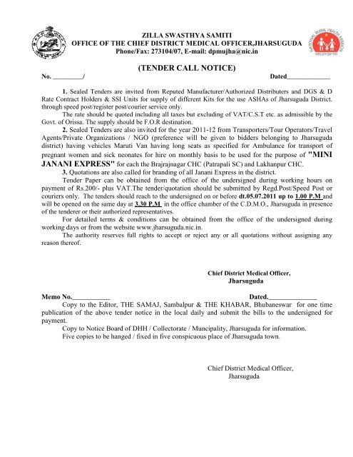 (TENDER CALL NOTICE) - jharsuguda.nic.in