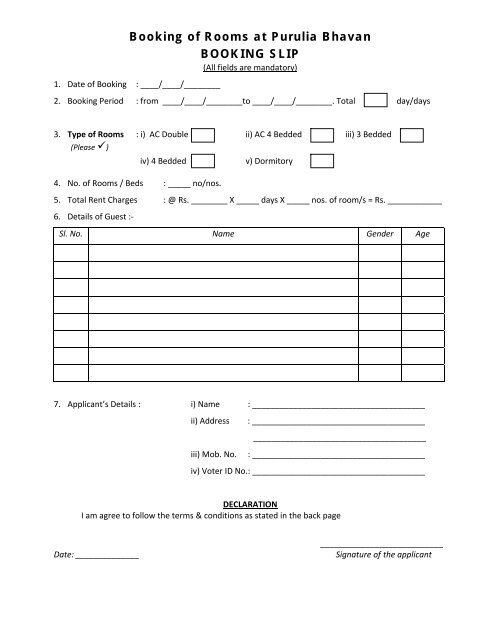 Booking of Rooms at Purulia Bhavan Booking Slip - Purulia Zilla ...