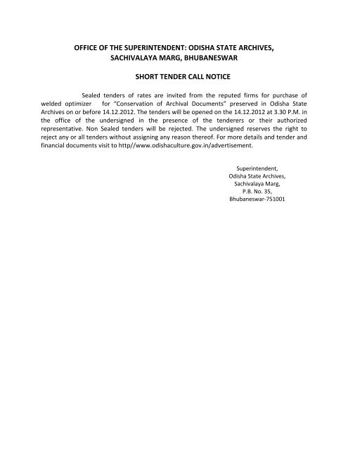 Tender Call Notice for Welded Optimizer, Odisha State Archives ...