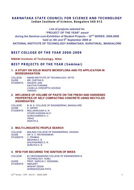 Best projects of the year 2008-2009 under - KSCST