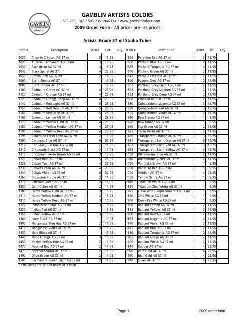 GAMBLIN ARTISTS COLORS