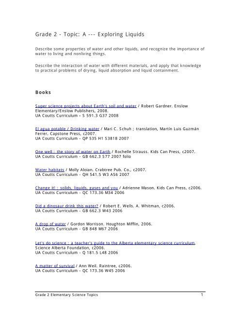 Grade 2 - Topic: A --- Exploring Liquids - University of Alberta Libraries